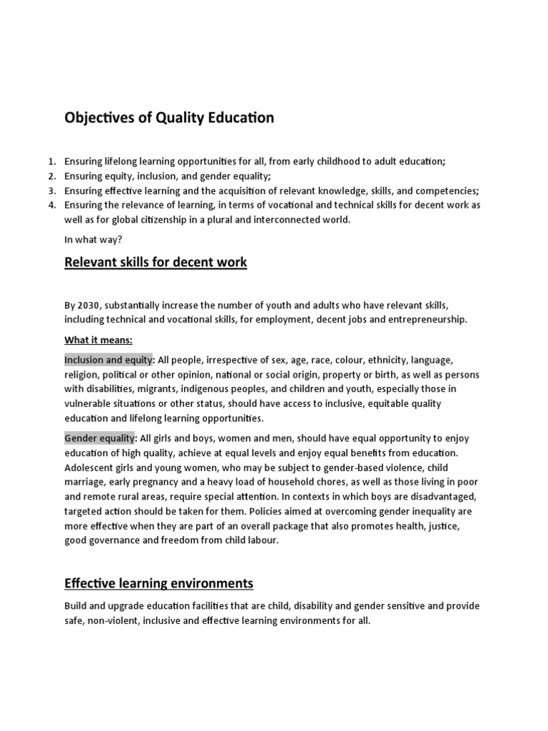 Objectives for Quality Education Access | PDF