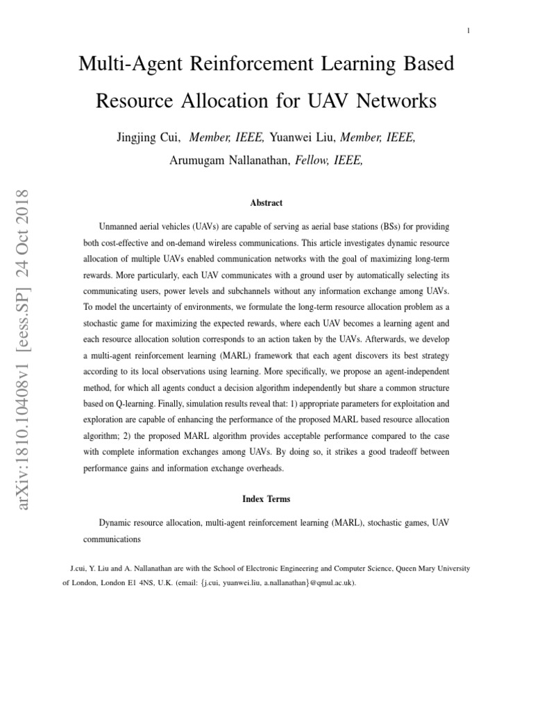 Multi-Agent Reinforcement Learning Based Resource Allocation For UAV Networks | PDF | Unmanned ...