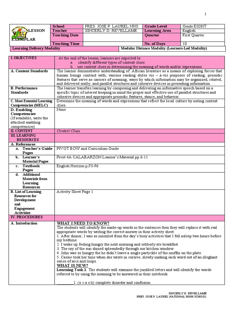 Eng 8 Le Idea Lesson 1 2020 2021 | PDF | Learning | Apa Style