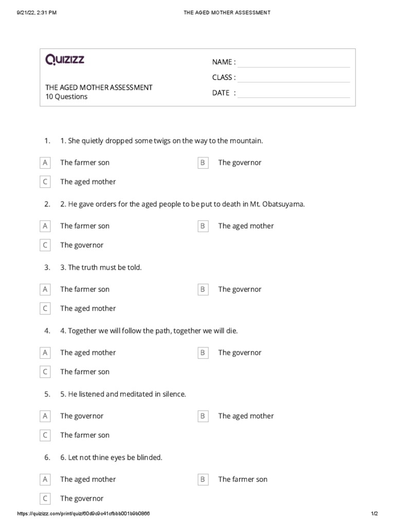 The Aged Mother Assessment | PDF