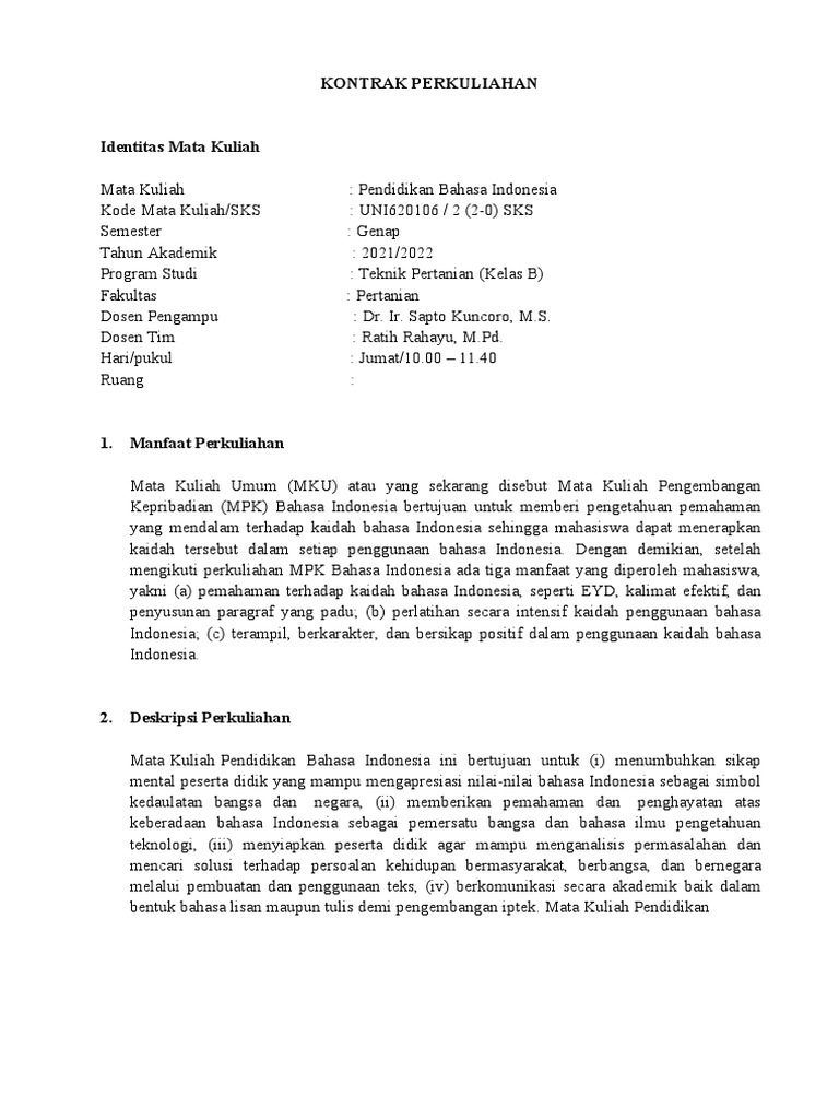 Kontrak MKU PB Indonesia TEP Kelas B Sapto-Ratih | PDF | Seni & Disiplin Bahasa