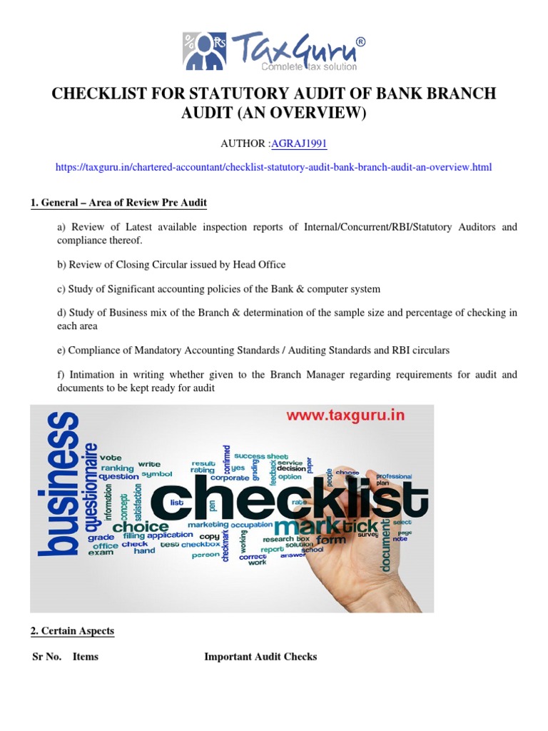 Bank Branch Statutory Audit Checklist | PDF | Expense | Audit