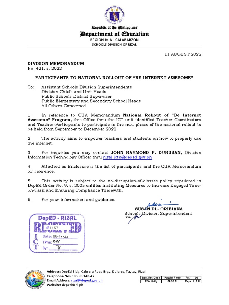 Division Memorandum No. 421, s.2022 | PDF | Social Institutions ...