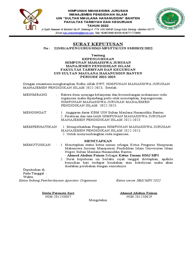 Surat Keputusan Pemberhentian Pengurus HMJ Mpi 2022 | PDF