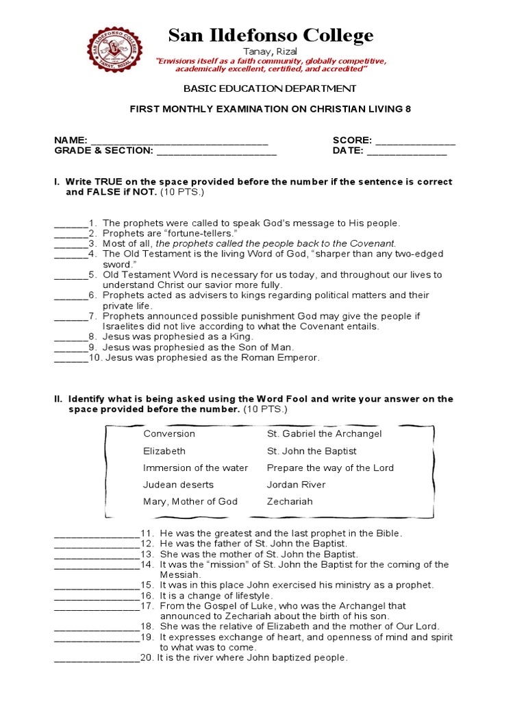 First Monthly Examination On Christian Living 8 | PDF