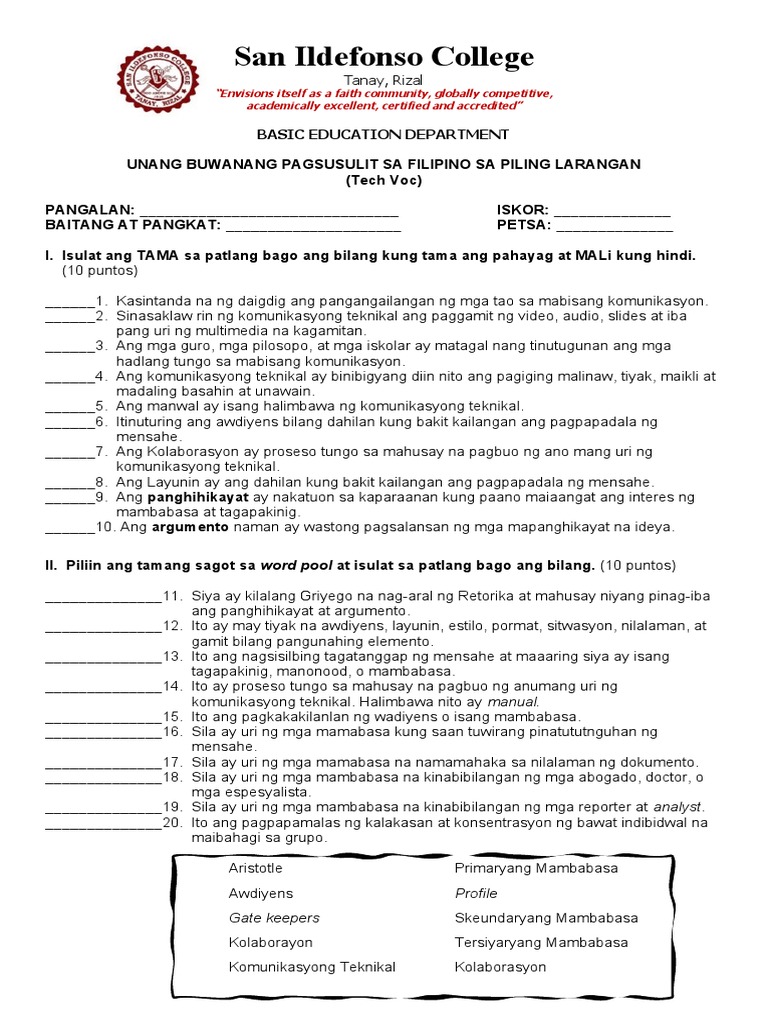 Unang Buwanang Pagsusulit Sa Filipino Sa Piling Larangan | PDF