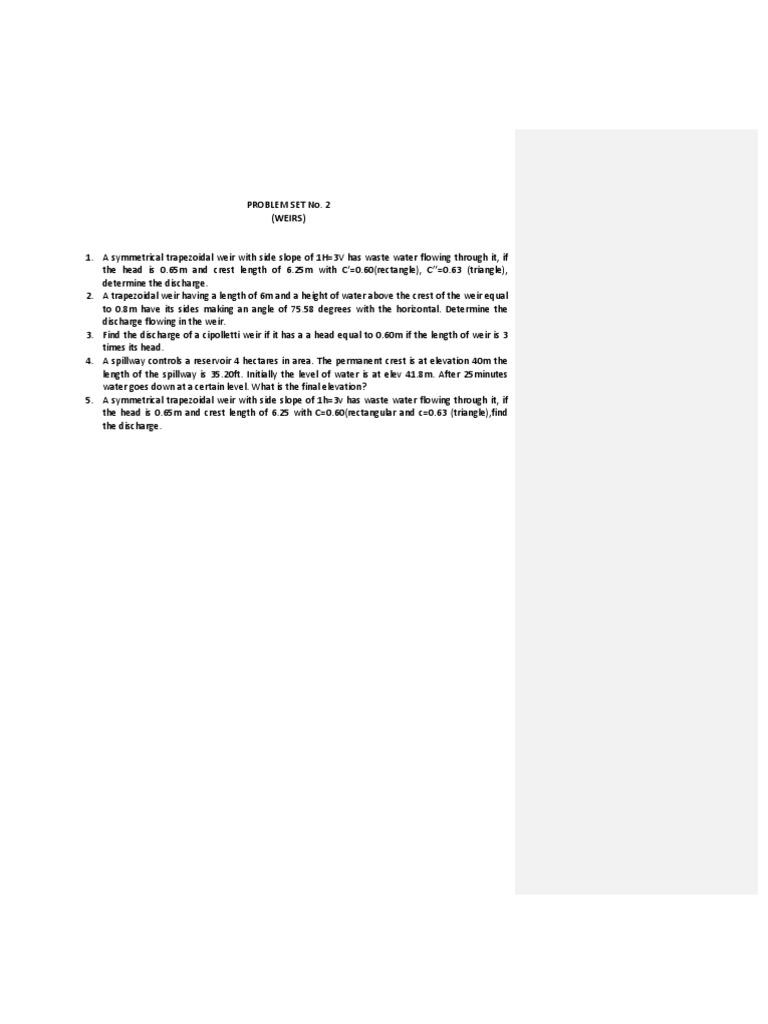 PROBLEM SET in Hydraulics-1 | PDF | Spillway | Discharge (Hydrology)