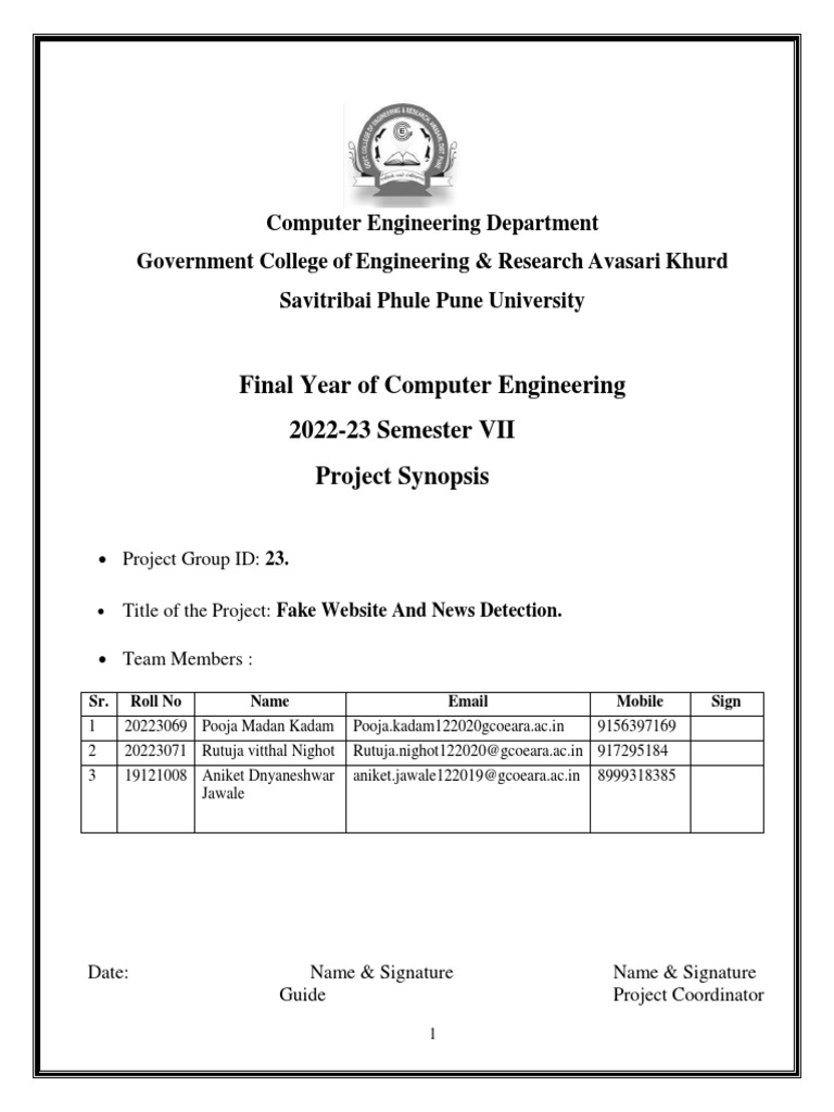 Final Year of Computer Engineering 2022-23 Semester VII Project Synopsis | PDF | Machine ...