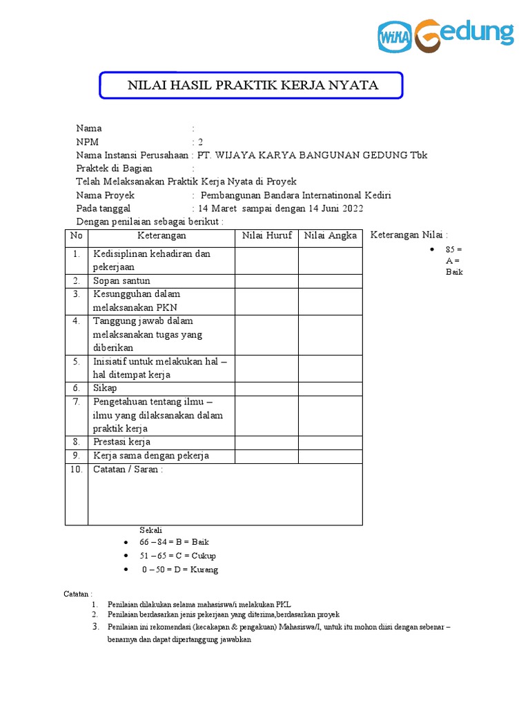 Format Penilaian PKL | PDF