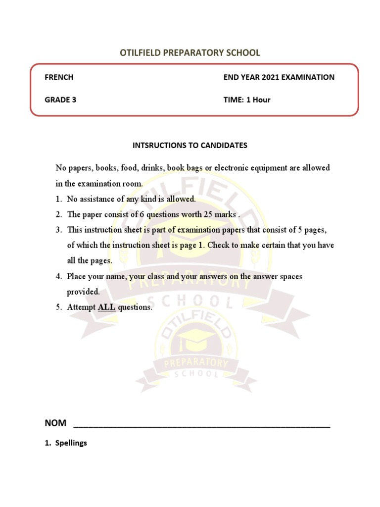 Grade 3 End or Year French Exam | PDF