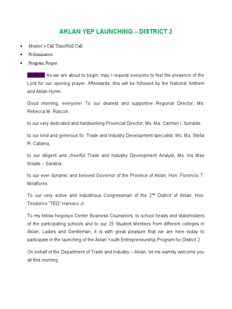 Script For YEP Launching | PDF | Leadership | Learning