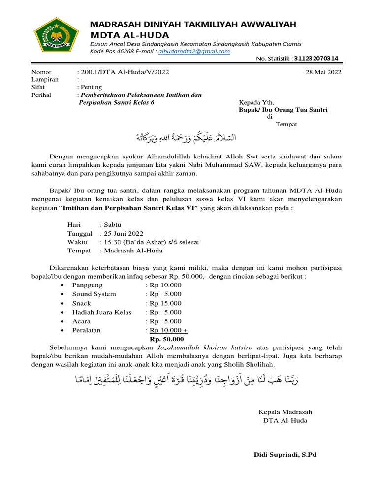 Surat Pemberitahuan Imtihan & Pelepasan DTA | PDF