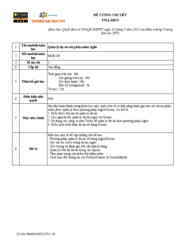 MOB104 - Quan Ly Du An Voi Phan Mem Agile - Syllabus - Fall2015 | PDF
