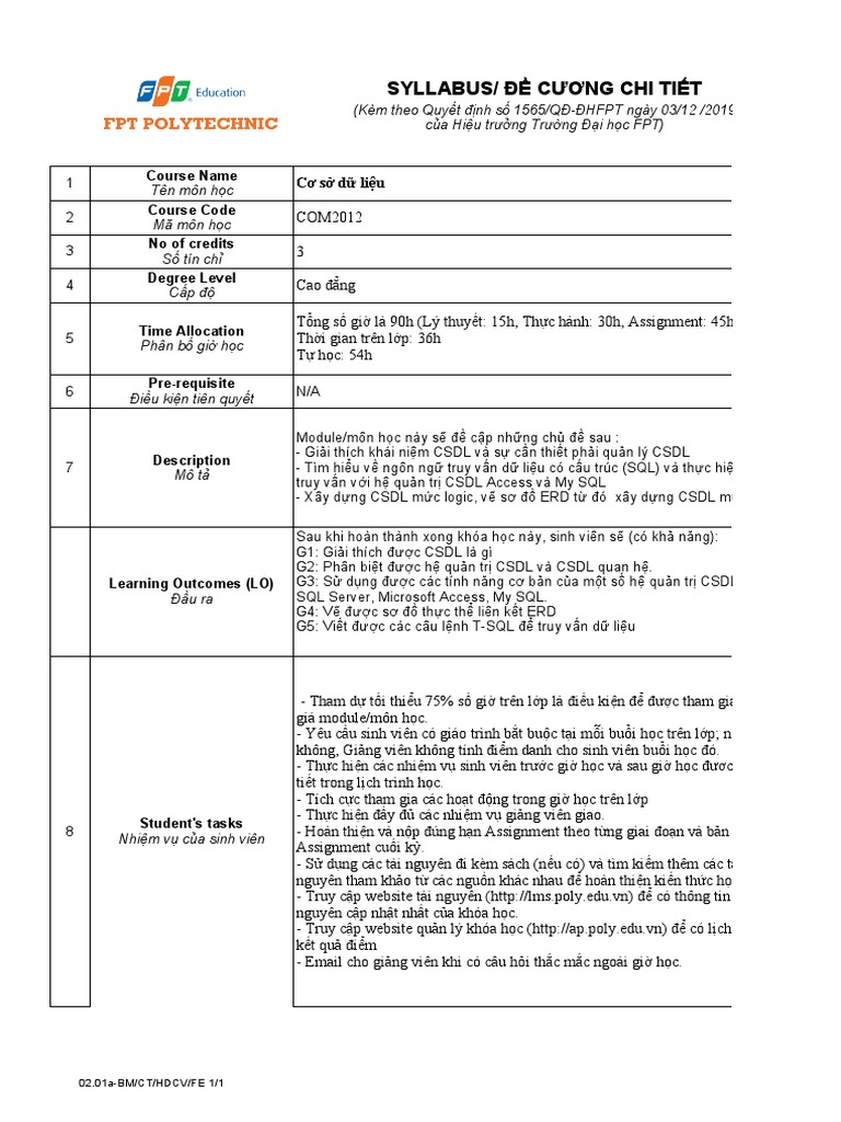 COM2012 - Co So Du Lieu - Syllabus - SP20 | PDF