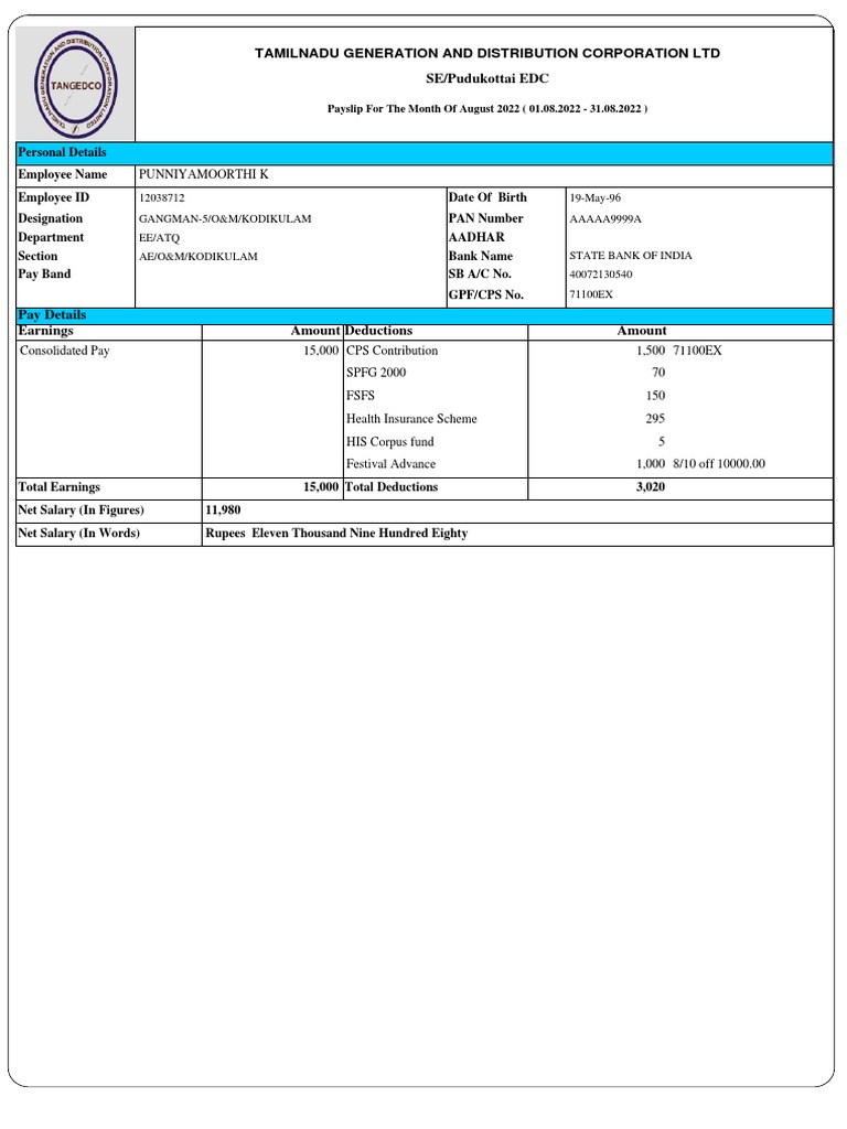 Payslip For The Month of August - 2022 | PDF