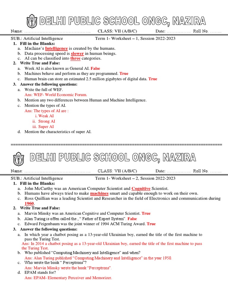 Class 7 - TERM 1-Worksheet-1-With Answers | PDF | Artificial ...