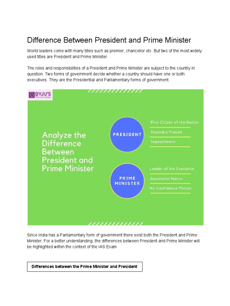 Difference Between President and Prime Minister | PDF | Legal Documents ...