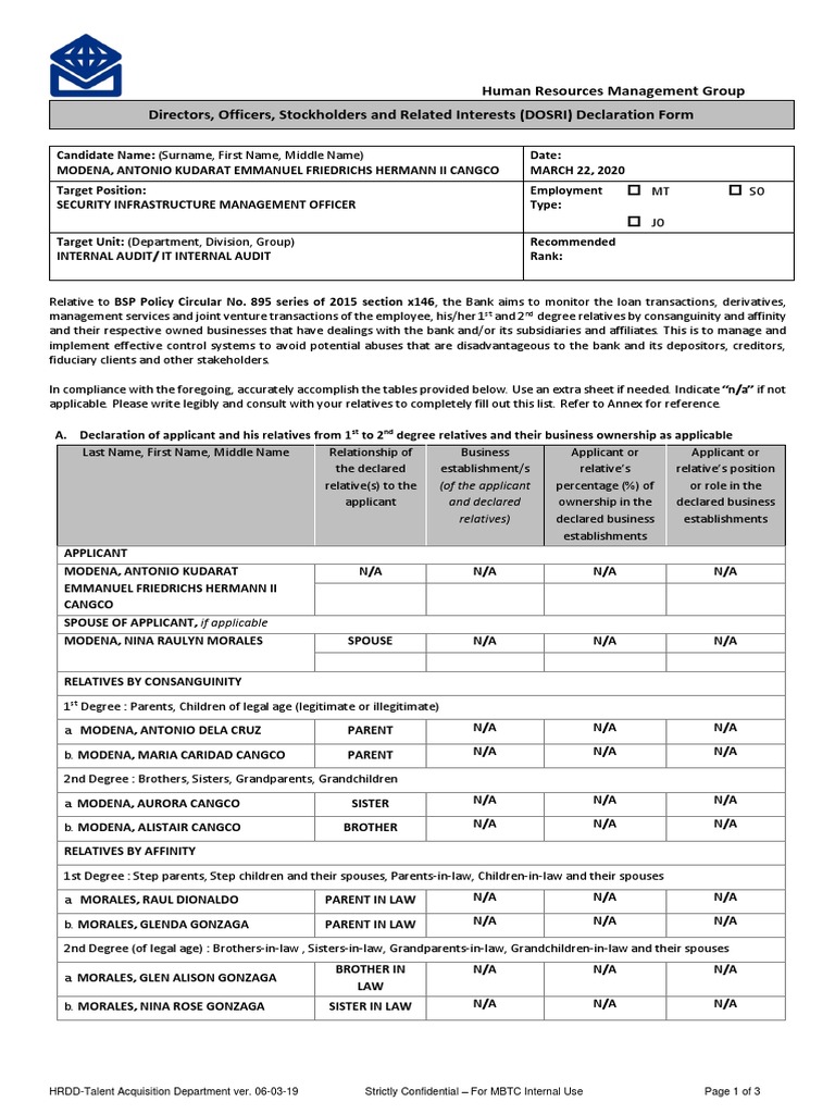 2 - DOSRI Form v060319 - Antonio C. Modena II | PDF | Business | Economies