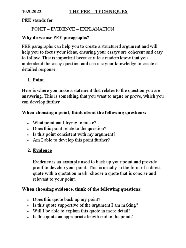 The PEE Technique - Notes (Sr2) | PDF | Essays | Argument