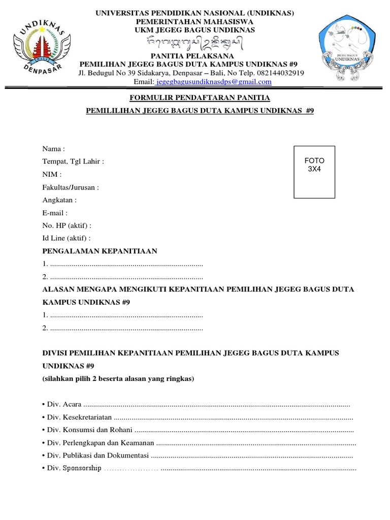 Formulir Pendaftaran Jegeg Bagus UNDIKNAS | PDF