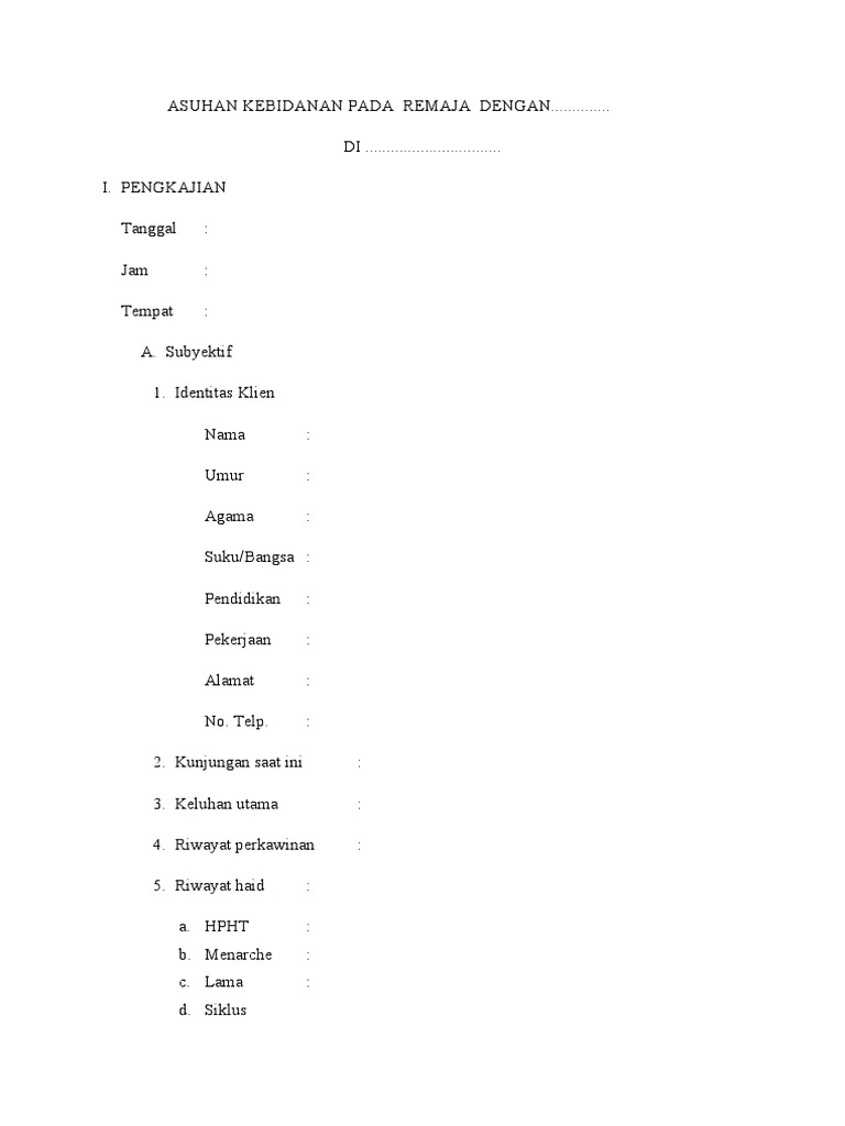 Form Asuhan Kebidanan Pada Remaja | PDF