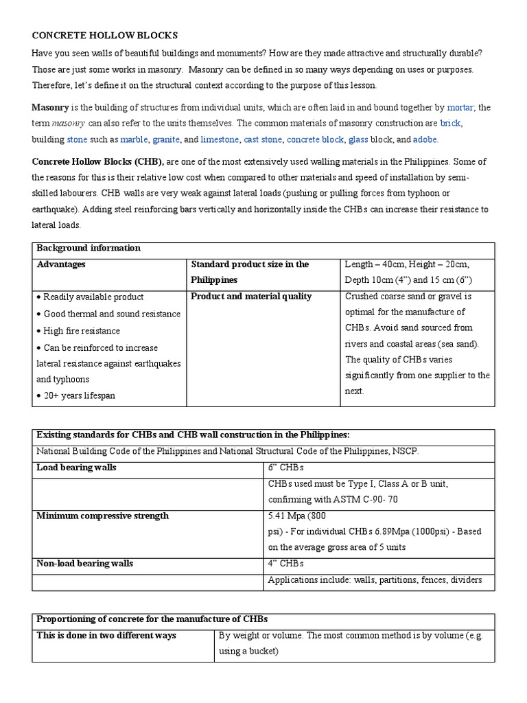 Concrete Hollow Block Construction Guide | PDF | Concrete | Masonry