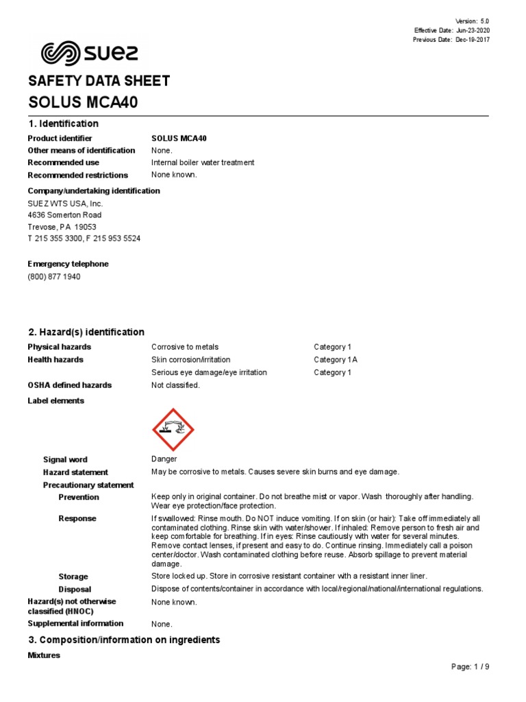 Solus Mca40: Safety Data Sheet | PDF