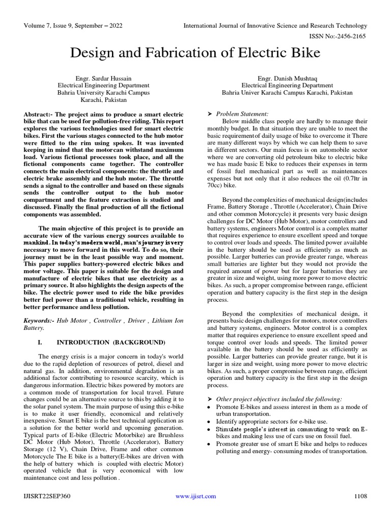 Design and Fabrication of Electric Bike | PDF | Rechargeable Battery ...