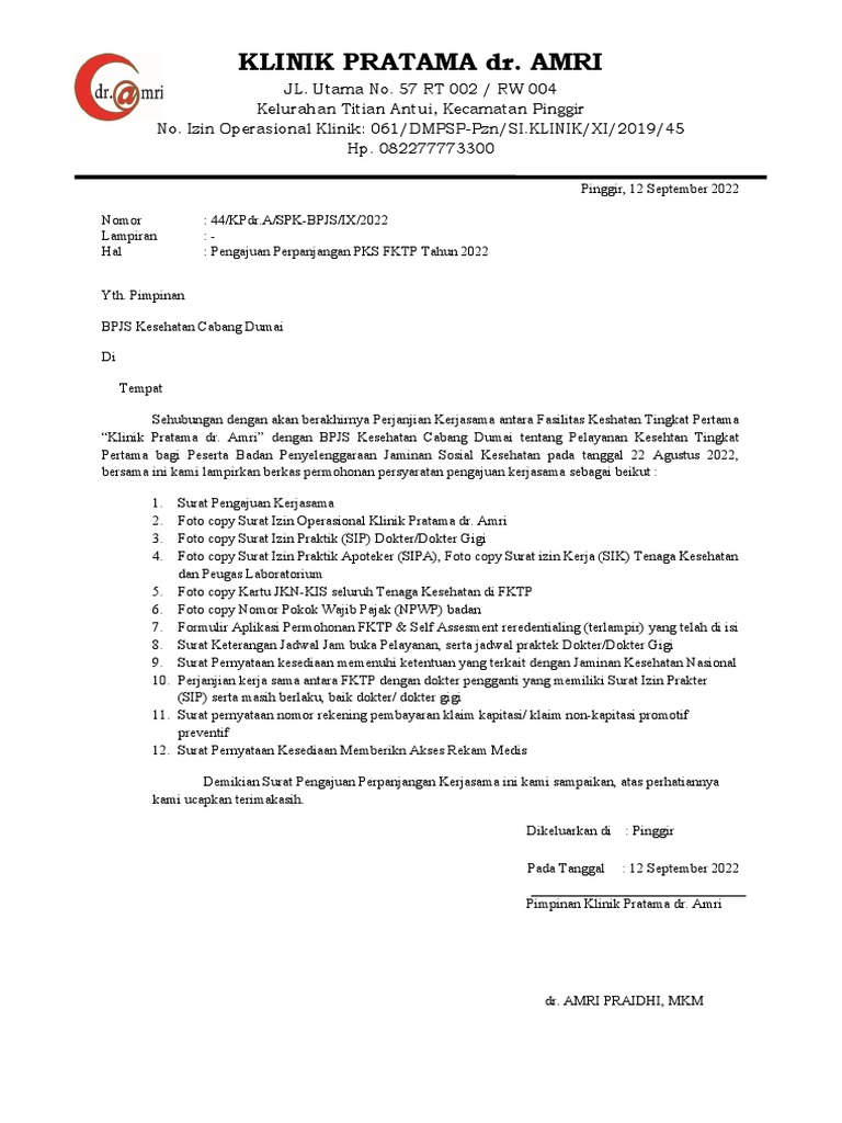SURAT Pengajuan Perpanjangan PKS FKTP | PDF