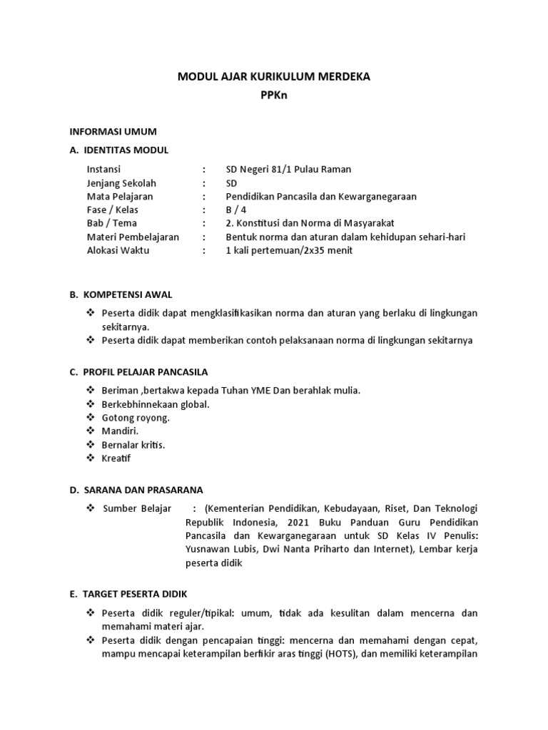 Modul Ajar PPKN BAB 2 KELAS 4 | PDF