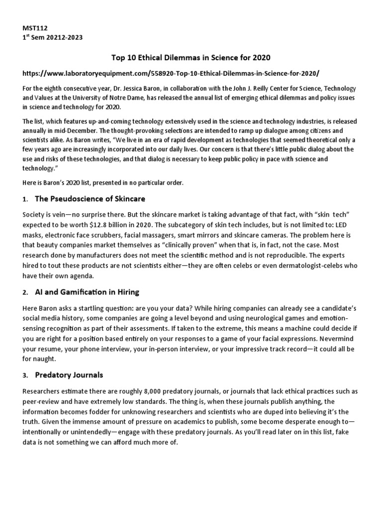 Top 10 Science Ethical Dilemmas 2020 | PDF