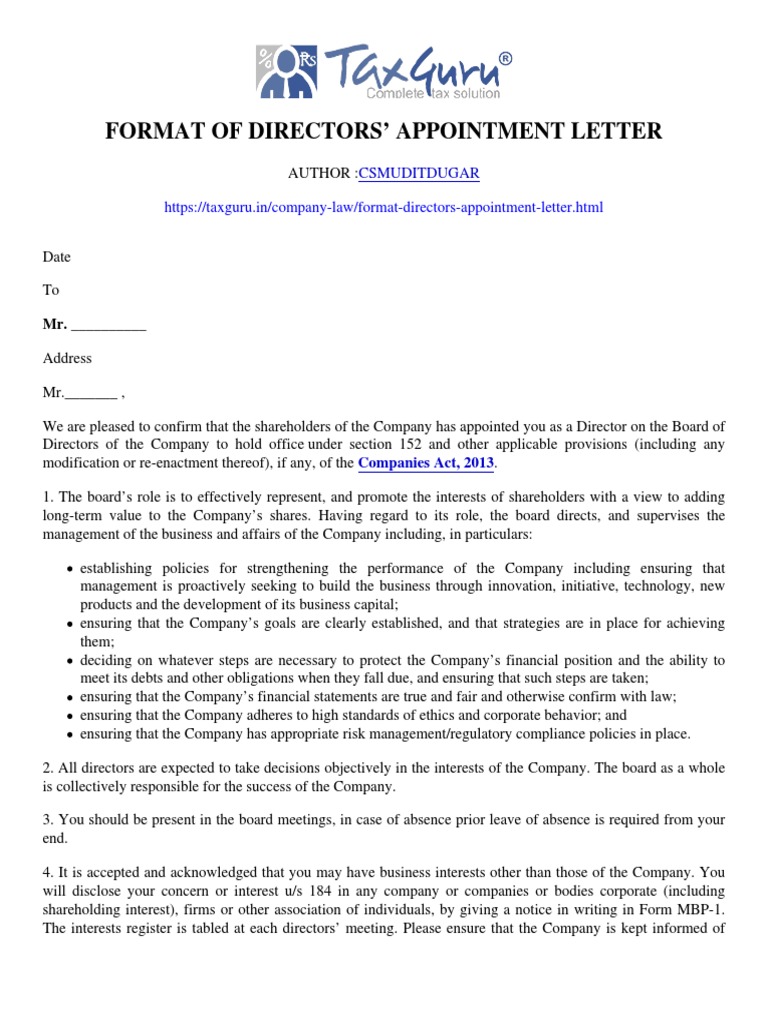 Format of Directors’ Appointment Letter - Taxguru - in | PDF