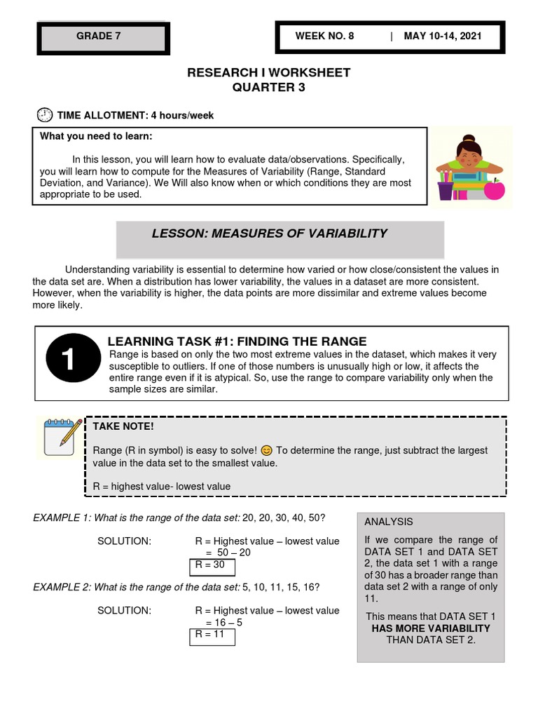 Measures of Variability Worksheet | PDF | Variance | Standard Deviation