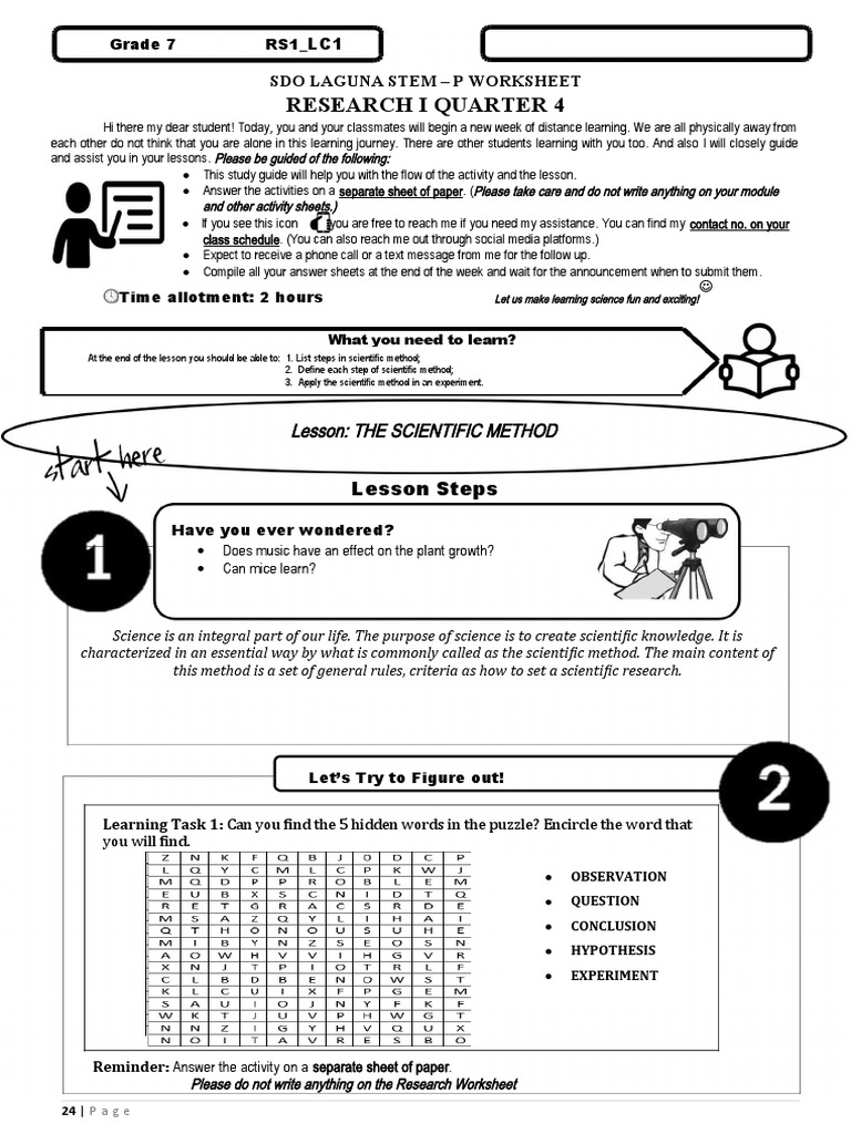 Research I Quarter 4: Lesson: The Scientific Method Lesson Steps | PDF
