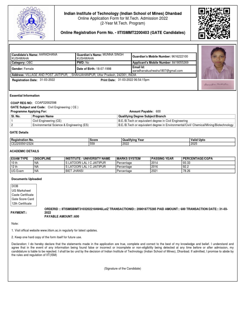 IIT Dhanbad M.Tech Admission Form 2022 | PDF