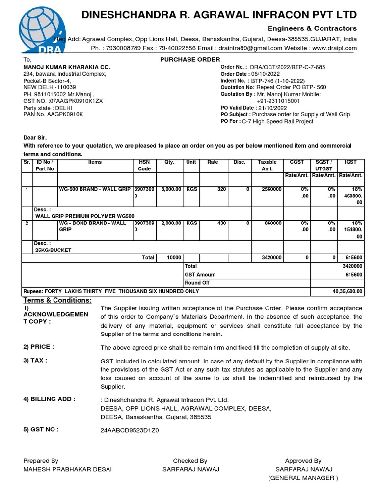 Dineshchandra R. Agrawal Infracon PVT LTD: Purchase Order | PDF