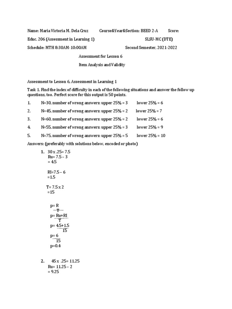 Assessment To Lesson 6, Dela Cruz, Maria Victoria M. Beed 2-A | PDF | Educational Assessment ...
