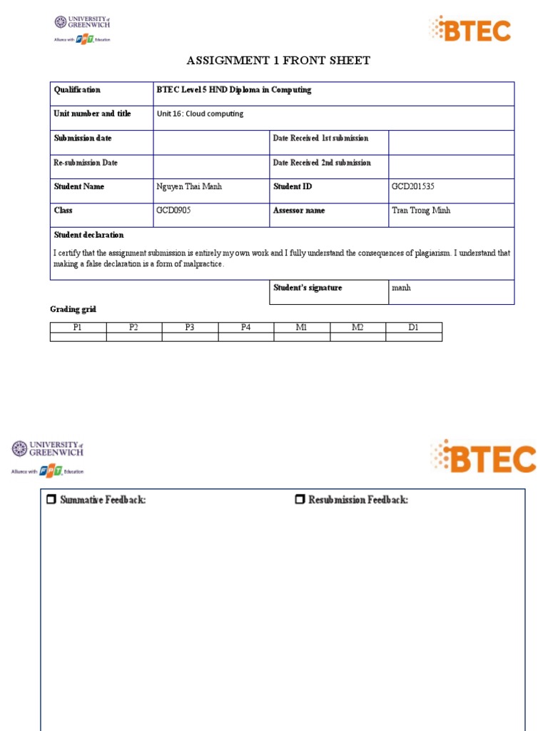 Unit 16.assignment 1 Frontsheet | PDF | Cloud Computing | Multi Core Processor