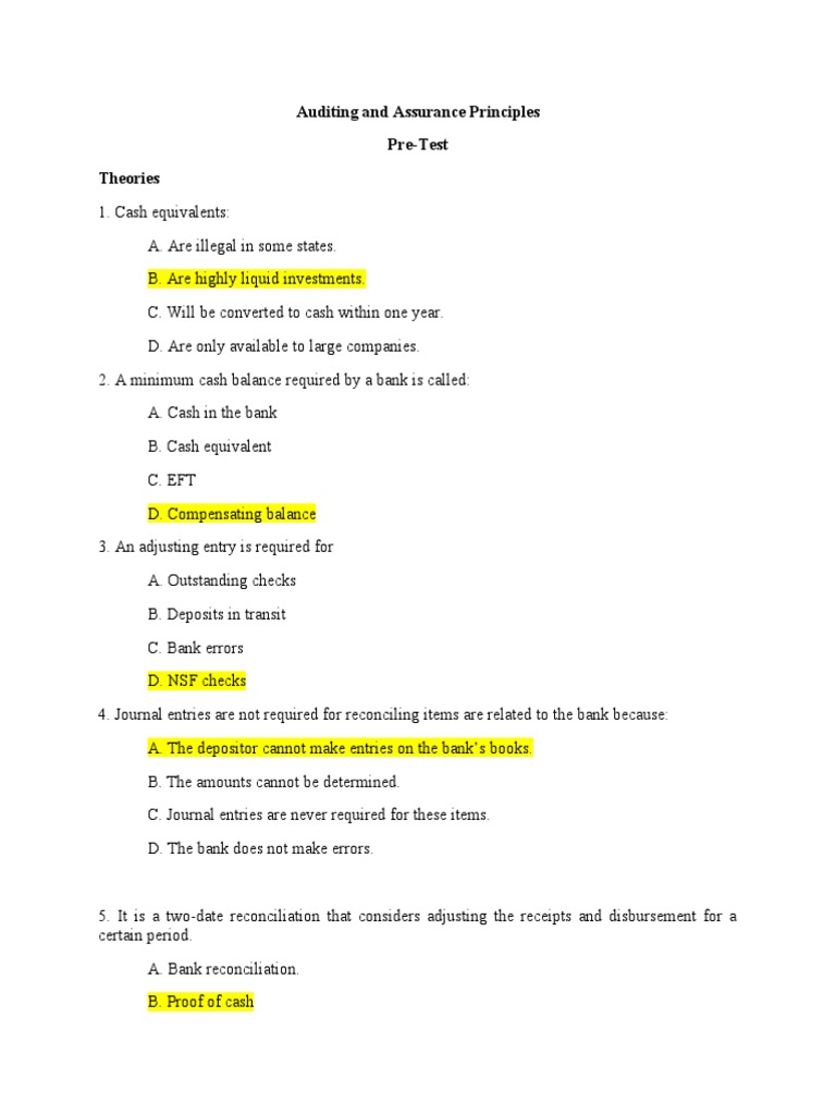 Auditing Principles Pre-Test Questions | PDF | Banks | Cheque