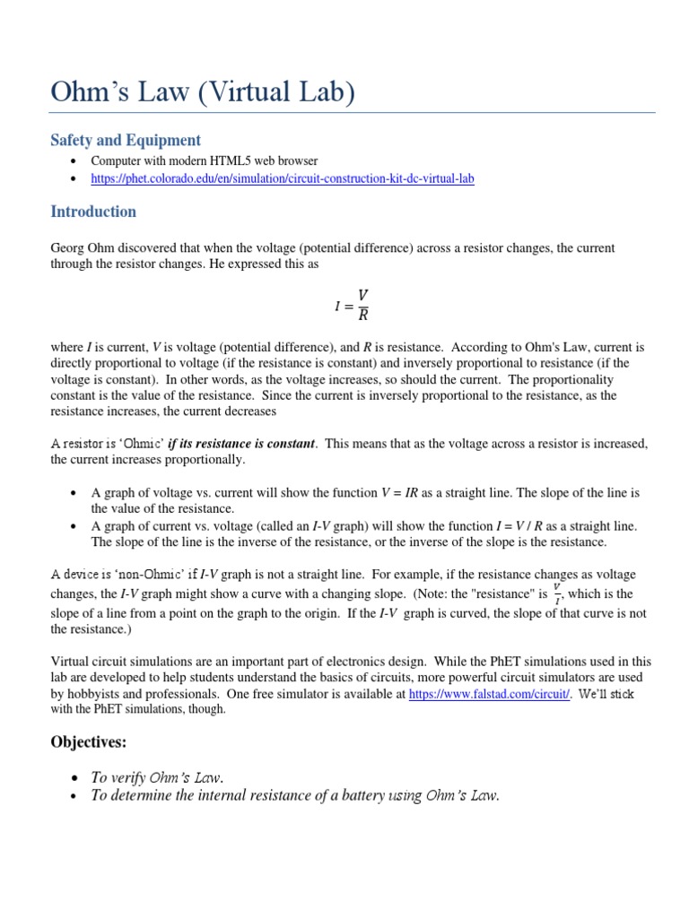 Ohm’s Law Virtual Lab Guide | PDF | Electrical Resistance And ...