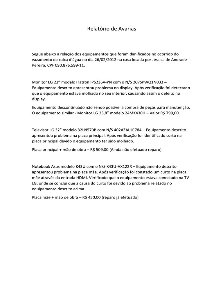 Relatório de Avarias Anexo I | PDF