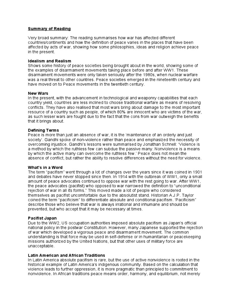 Summary - Peace A History of Movements and Ideas | PDF | Pacifism | Peace