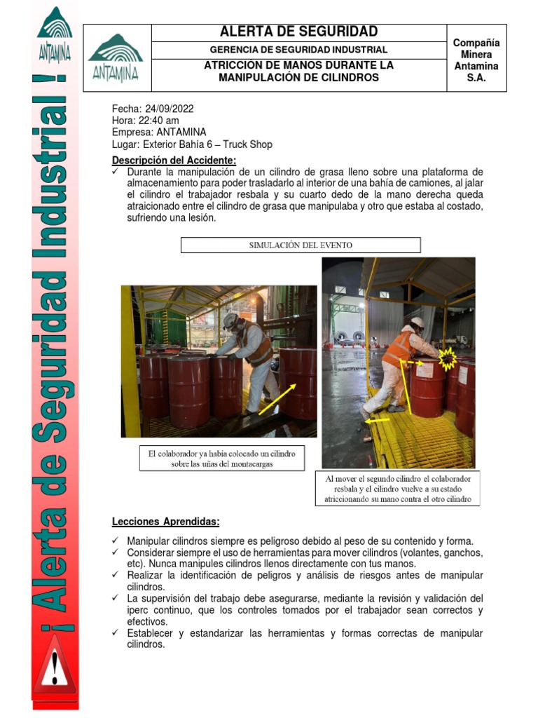 Alerta de Seguridad Industrial 008-2022 Atricción de Manos - Manipulación de Cilindros | PDF