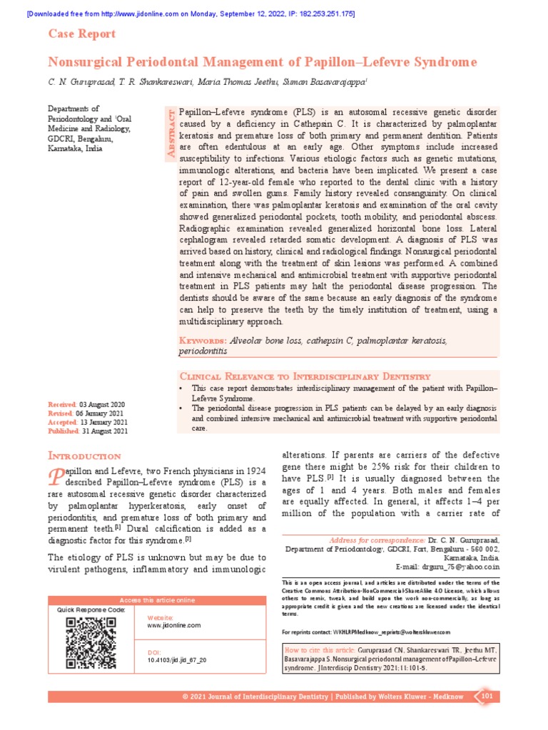 Nonsurgical Periodontal Management of Papillon Lefevre Syndrome | PDF ...
