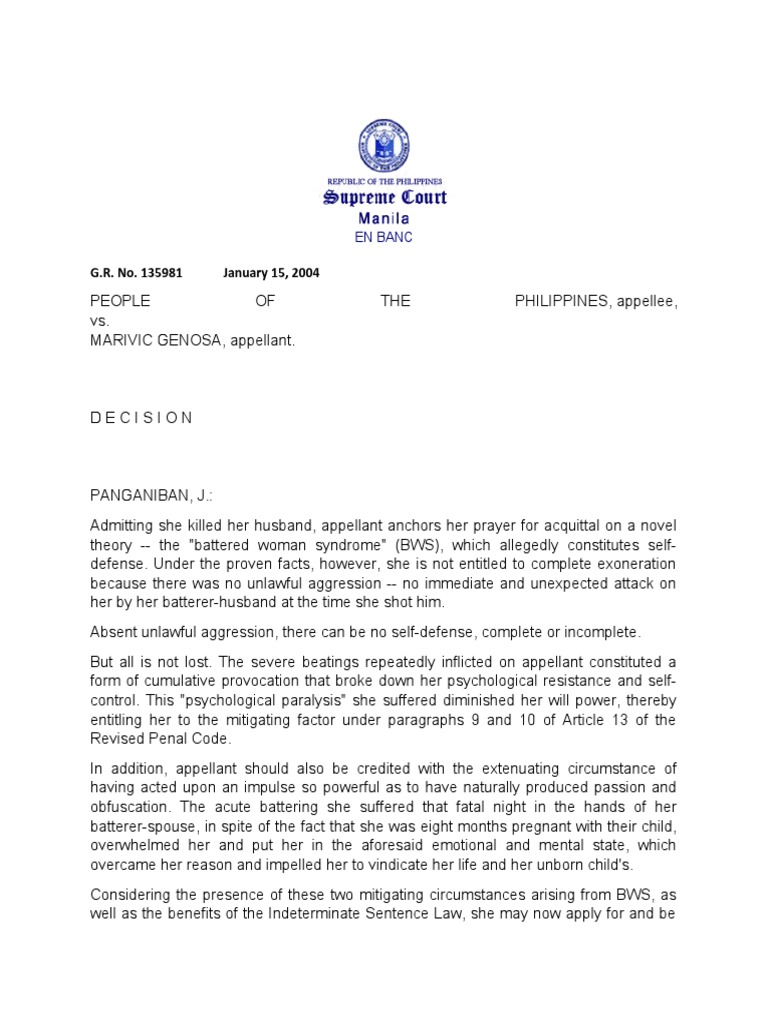 Battered Woman Syndrome as Mitigating Circumstance in Parricide Case ...