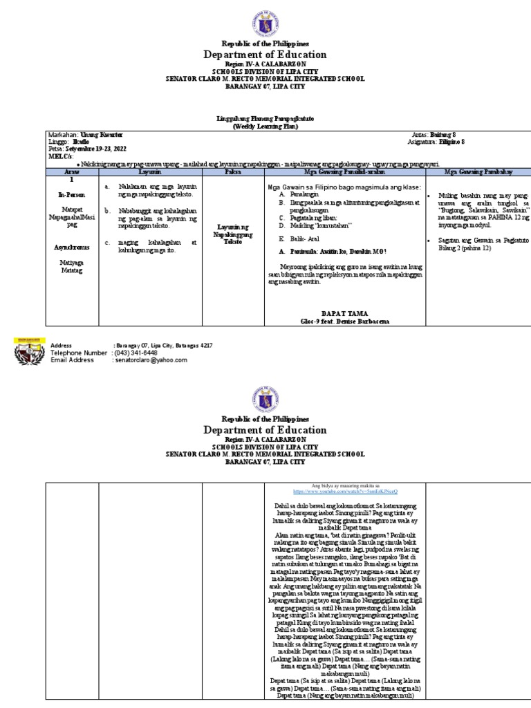 Weekly Learning Plan Filipino 8 | PDF