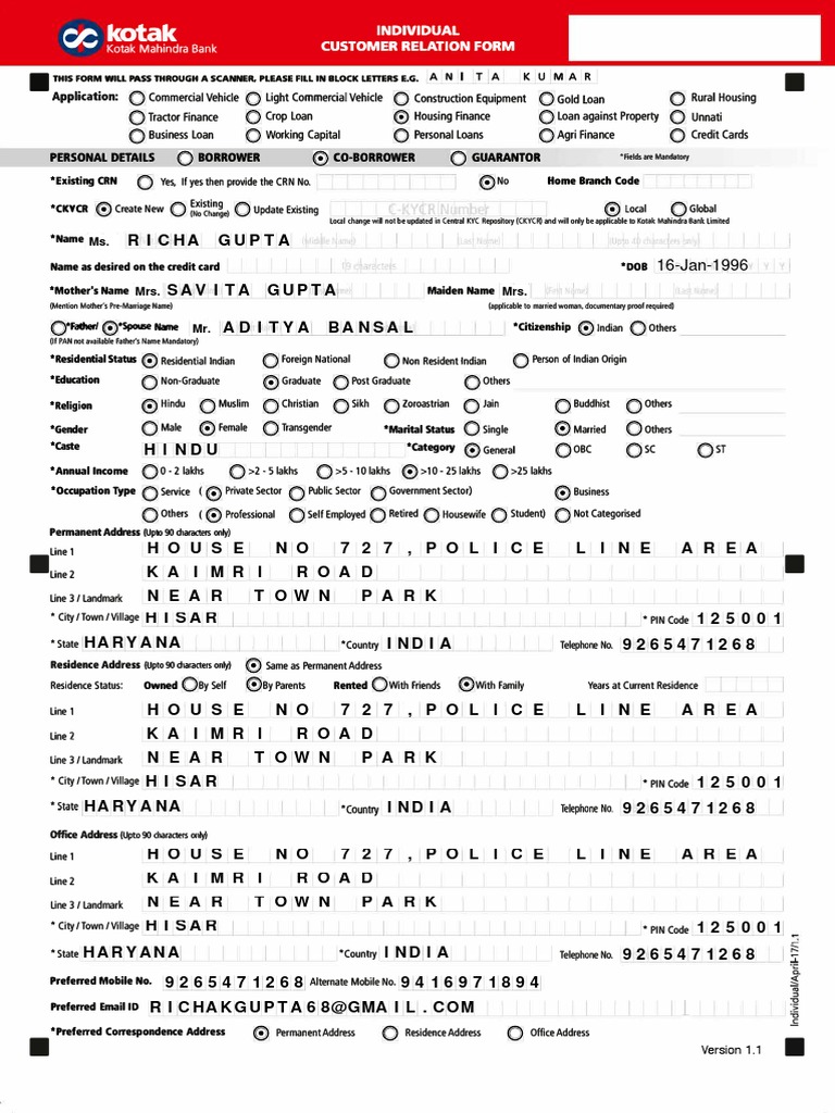 Kotak Mahindra Bank Individual Customer Relation Form | PDF | Banks | Loans