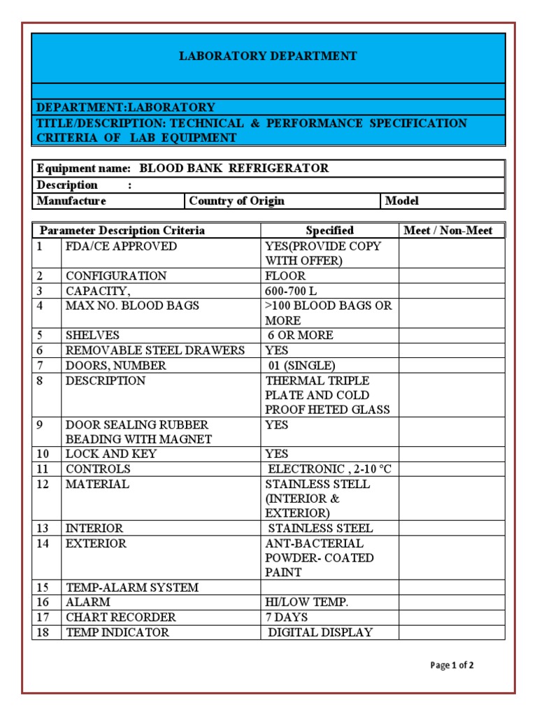 Blood Bank Refrigerator Technical & Performance Specification Criteria ...