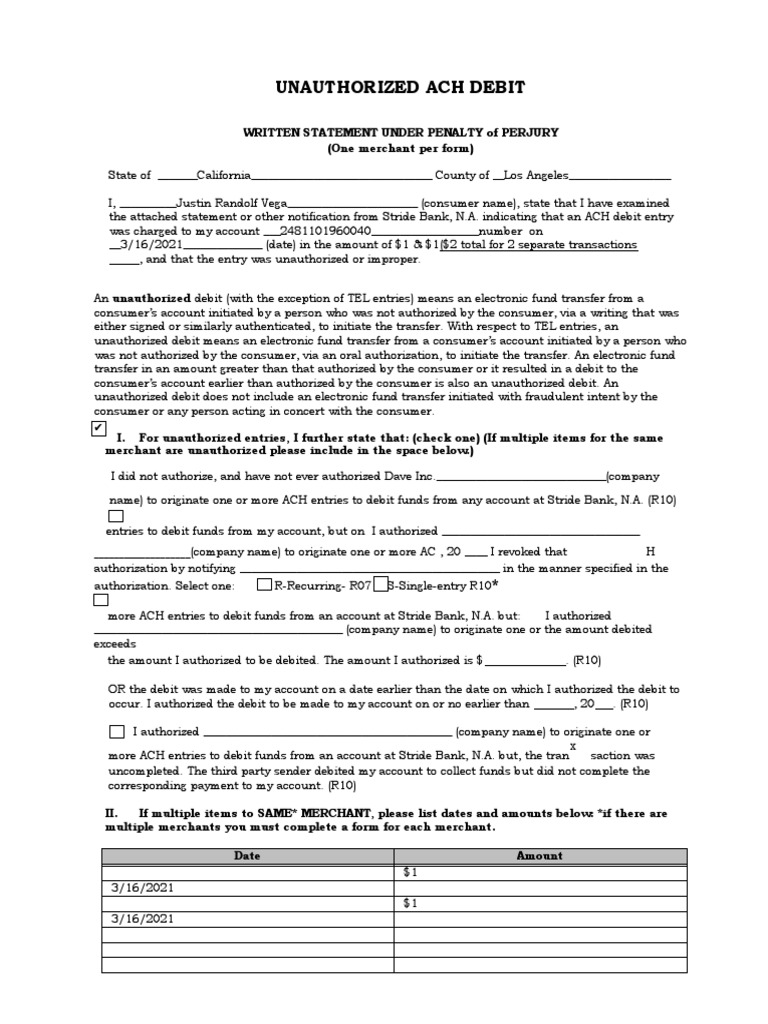 Unauthorized Ach Debit | PDF | Debit Card | Business