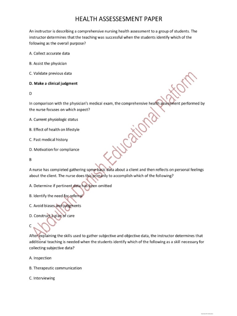 Health Assessment 3rd Semester BSN Practice MCQS, Educational Platform ...